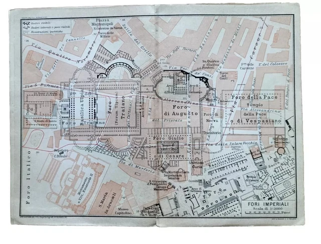 CARTA GEOGRAFICA ANTICA Mappa ROMA FORI IMPERIALI FORO pianta TCI 1925 ...