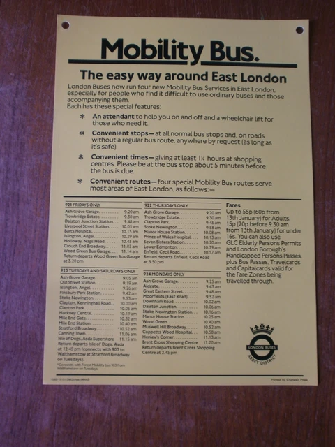 LONDON TRANSPORT TIMETABLE Panel Poster-Mobility Buses East London 1985 ...