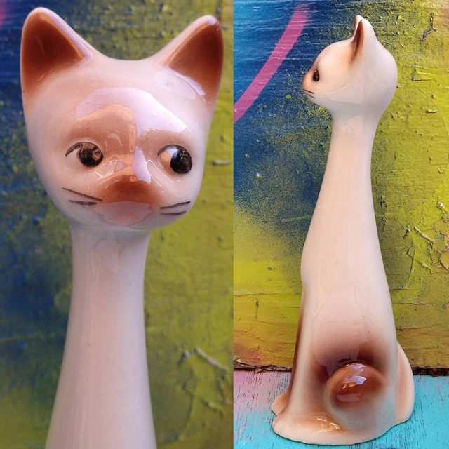 VINTAGE RETRO LONG Neck Cat 1950s 1960s Cream Brown Siamese 14" Kitsch ...