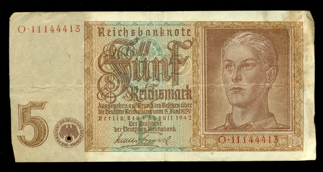 GERMANY, WWII, 5 Reichsmark, Banknote, 1942, Serial O, 8 red digits £2. ...