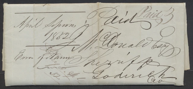 1852 STAMPLESS SFL Manuscript Postmark Hay (Huron-UC) to Goderich ...