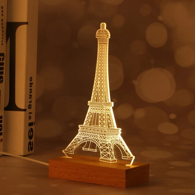 3D WOOD BASE Plate Night Light LED Warm Light Acrylic Illusion Lamp £15 ...
