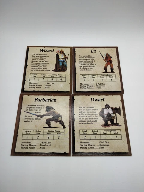 VTG HEROQUEST BOARD Game 4 Character Cards Elf Dwarf Barbarian Wizard ...