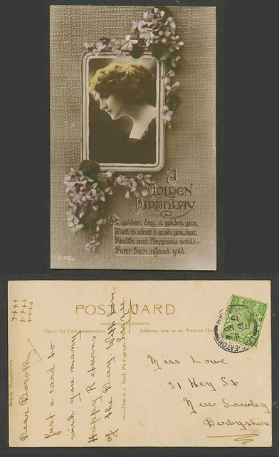A GOLDEN BIRTHDAY Greetings Glamour Girl Lady Woman Flowers 1915 Old RP Postcard EUR 5,66 ...