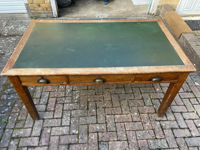 ANTIQUE GEORGE V1 Solid Oak Desk with Green Leather Top £187.88 ...