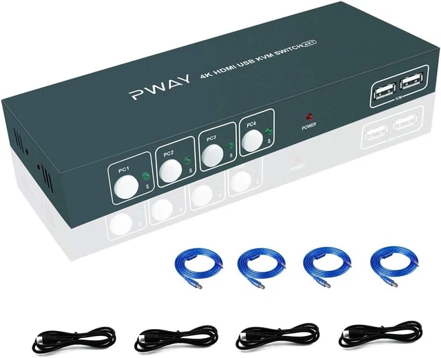 GREATHTEK KVM SWITCH HDMI USB 4 porte 4K, 4K @ 30Hz, 4 PC 1 Monitor, 4 ...