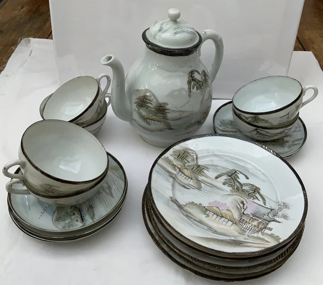 ANTIQUE JAPANESE TEA Set * Cranes & Mount Fuji * £20.50 - PicClick UK