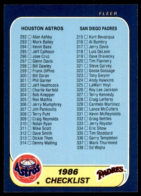 1986 FLEER CHECKLIST : Astros/Padres/Red Sox/Cubs Houston Astros/San ...