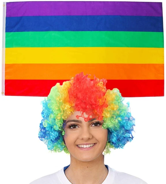 Lgbtq Pride Parade 5ft X 3ft Flag Rainbow Wig Fancy Dress Accessories
