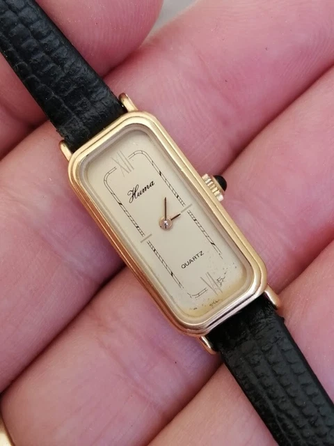 MONTRE FEMME HUMA Vintage Watch 1980's RARE Classique Elégant Cuir Doré ...