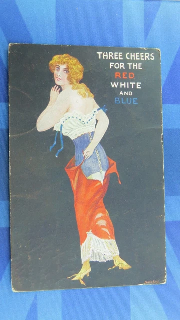 WW1 SAUCY COMIC Postcard 1915 Blue Corset Girdle 3 CHEERS FOR RED WHITE ...