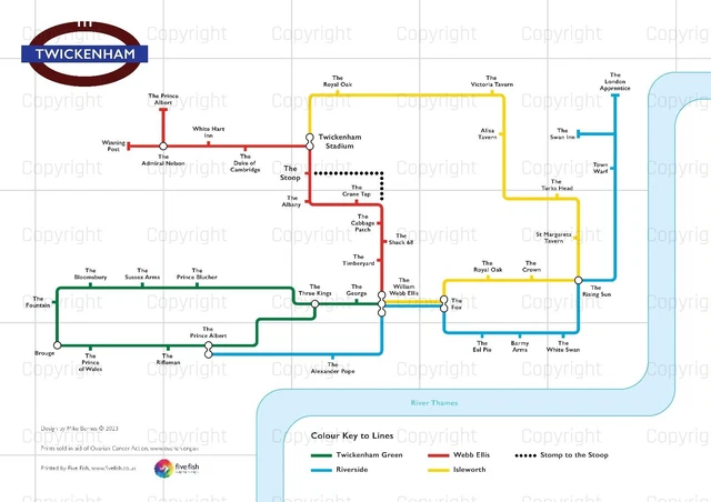 TWICKENHAM RUGBY PUBS Tube Map A3 Sold in aid of Ovarian Cancer Action ...