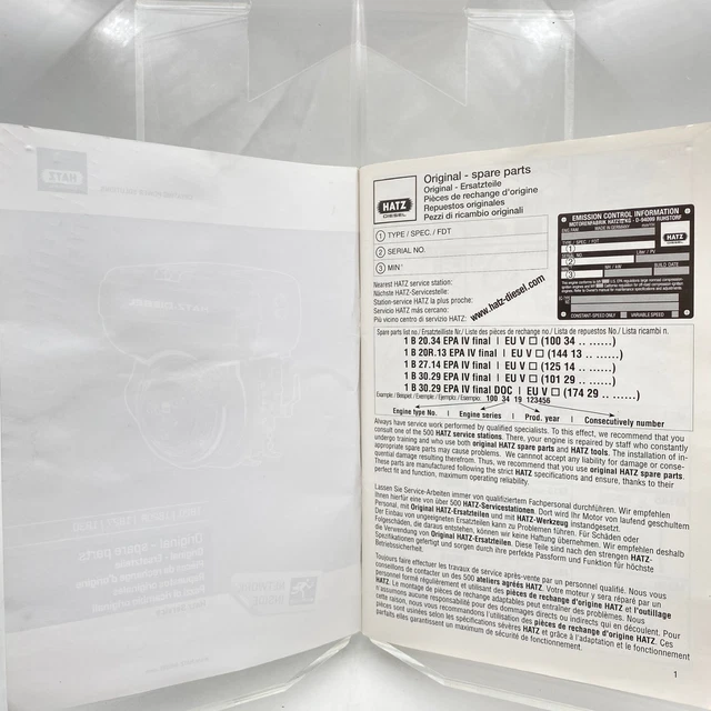 HATZ MOTEUR DIESEL 1B20 1B20R 1B27 1B30 Liste Pièces Détachées -katalog ...