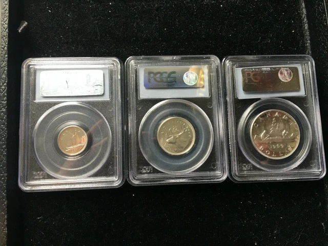 1969 CANADIAN, MINT ERROR Silver Coin Set. ¢10, ¢25 & $1 Struck on ...