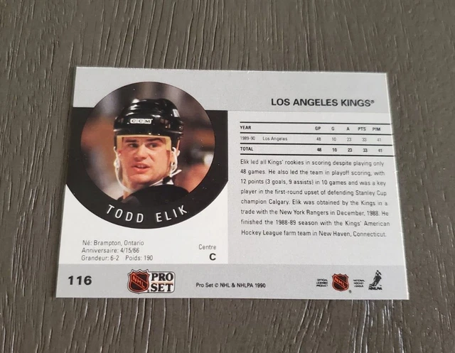 1990/91 PRO SET Hockey Todd Elik Card 116 Los Angeles Kings Regina Rams ...