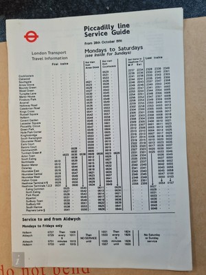 LONDON TRANSPORT BUS Timetable Leaflet Route Piccadilly Line 1991 48.25 ...
