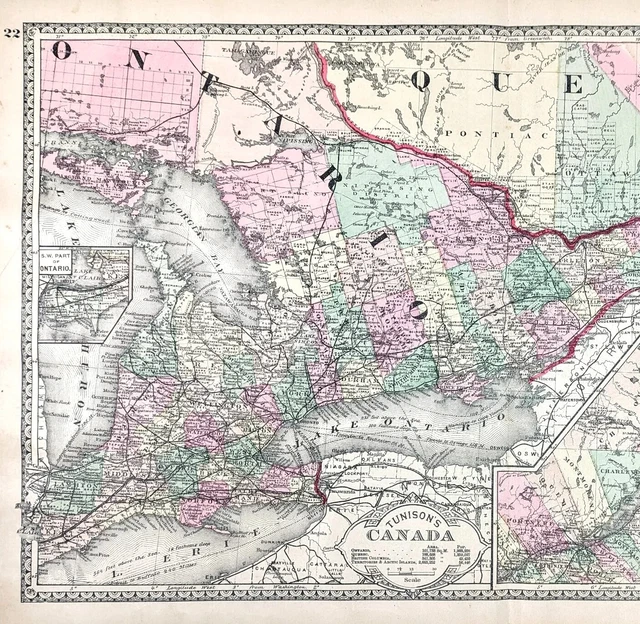 LARGE 1891 MAP Canada Ontario Quebec Montreal ORIGINAL Toronto Great ...