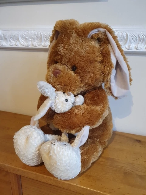 TESCO BROWN RABBIT Soft Toy Plush Wearing Slippers Holding Baby Bunny £ ...