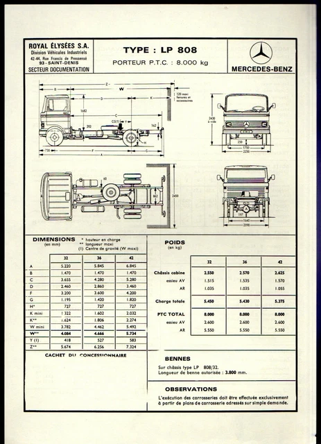 MERCEDES-BENZ LP 808 Chassis Specification 1967-68 French Single Sheet ...