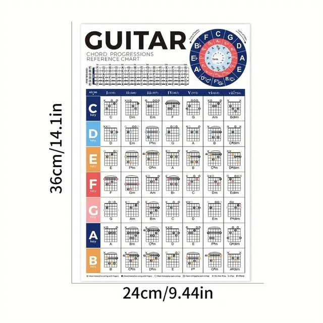 GUITAR CHORD CHART Poster Adhesive back Reference Guide Fretboard ...