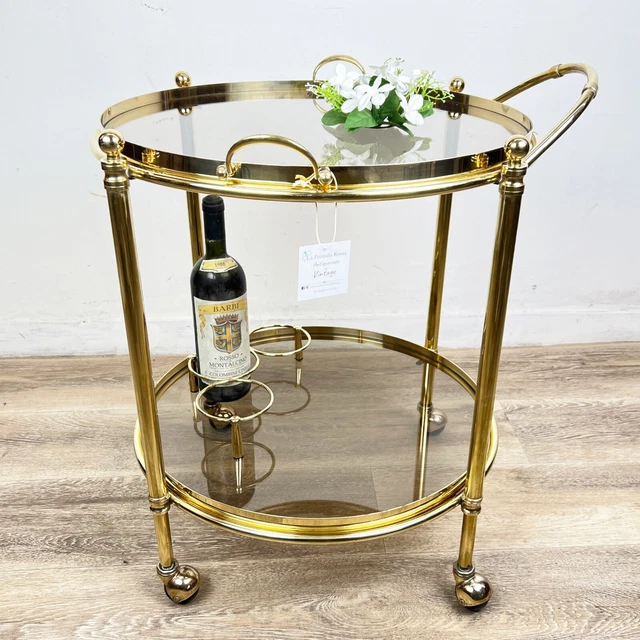 CARRELLO BAR ANTICO in ottone portavivande vintage di design vetro anni ...