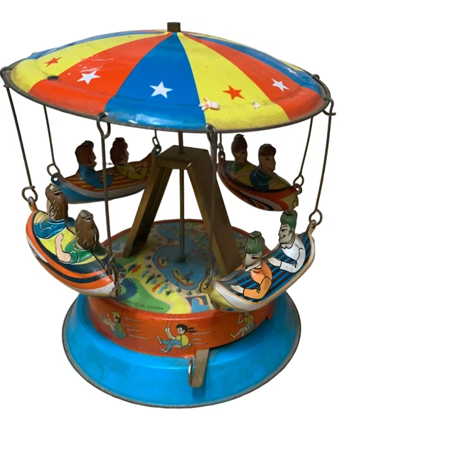 VINTAGE PUSH LEVER Litho Carousel Merry-GO-Round Wind-Up Tin Toy $65.00 ...