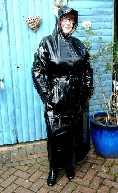 SHINY BLACK PVC plastic raincoat with hood regenmantel fetish Tv XXL ...
