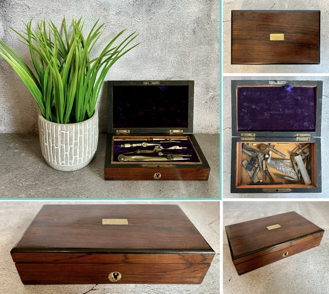 ANTIQUE TECHNICAL DRAWING / Draughtsmen Box with Some Contents Brass ...