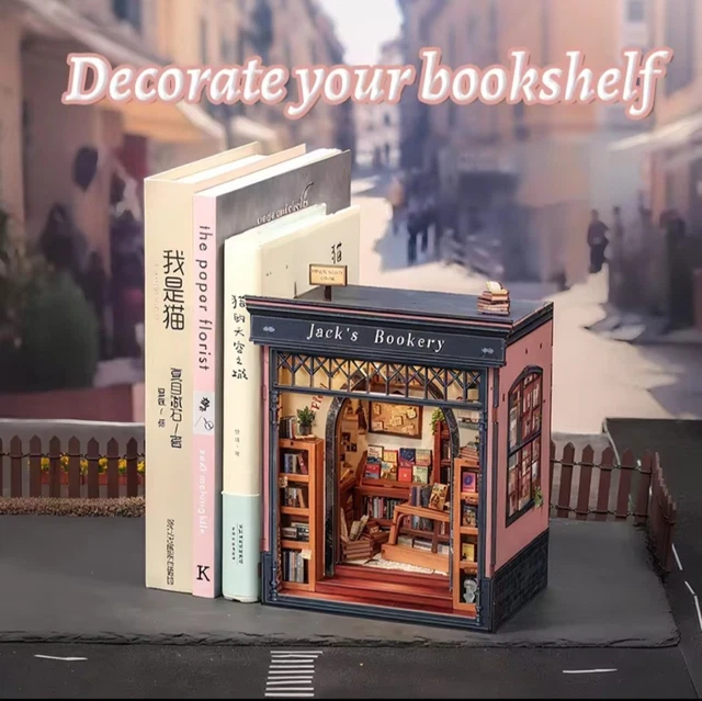 DIY BOOK NOOK Jack's Bookery Wooden Miniature Doll House Kit Bookshelf ...