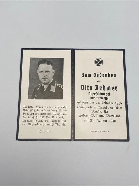 WW2 GERMAN DEATH Card Luftwaffe Oberfeldwebel KIA 21/01/1940 £10.00 ...