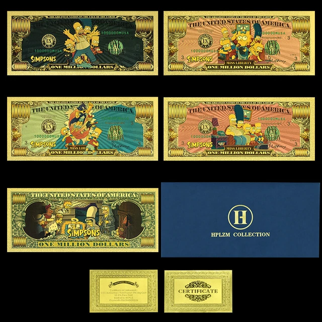 SET 4PCS ANIME Los Simpson Lámina De Oro Billetes Millón Coleccionable ...