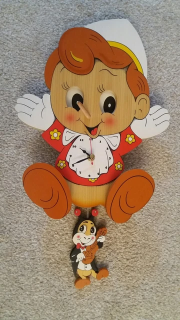 BARTOLUCCI WOODEN PINOCCHIO Moving Eyes Wall Clock Jiminy Cricket ...