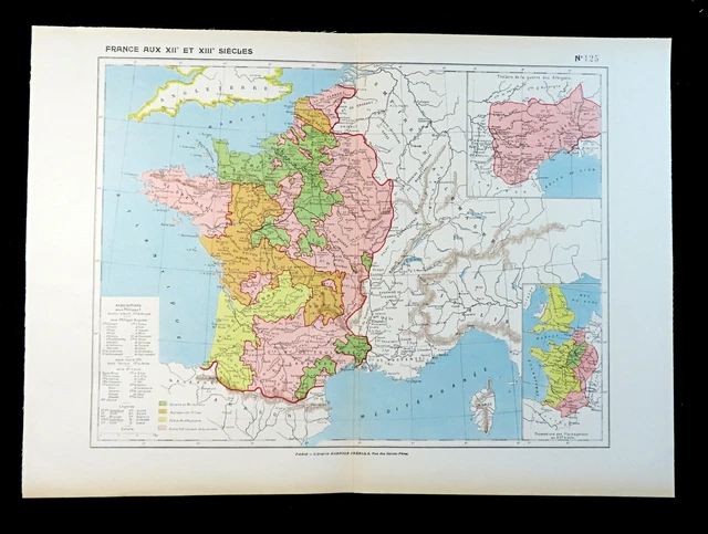 MEDIEVAL FRANCE MAP 12th Century Historical Geography FRENCH Antique ...