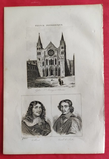 GRAVURE XIXÉME EGLISE SAINT REMY à REIMS Portraits COLBERT & Cardinal ...