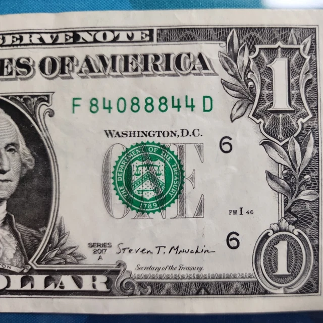 ONE DOLLAR BILL Fancy Serial Number Series 2017A Trinary 4 of a Kind 8s ...
