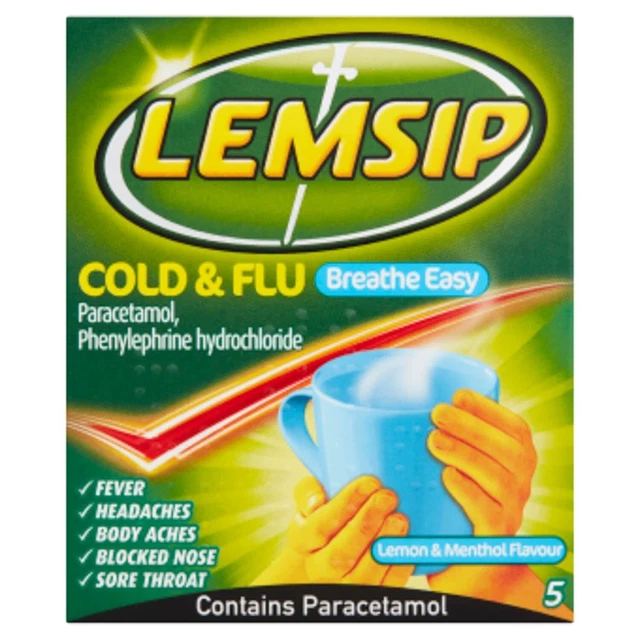LEMSIP COLD & Flu Breathe Easy Hot Lemon Menthol 5 Sachets UK PHARMACY ...