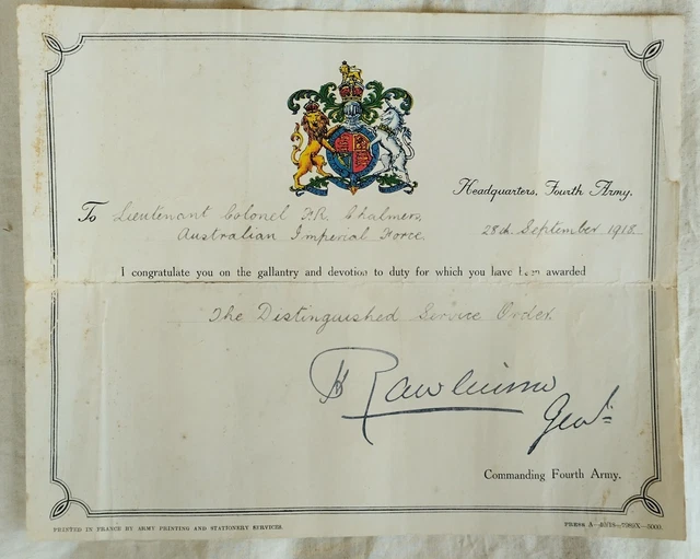 WW1 AUSTRALIAN ORIGINAL colour DSO certificate Lt/Col. CO of 27th Bn ...