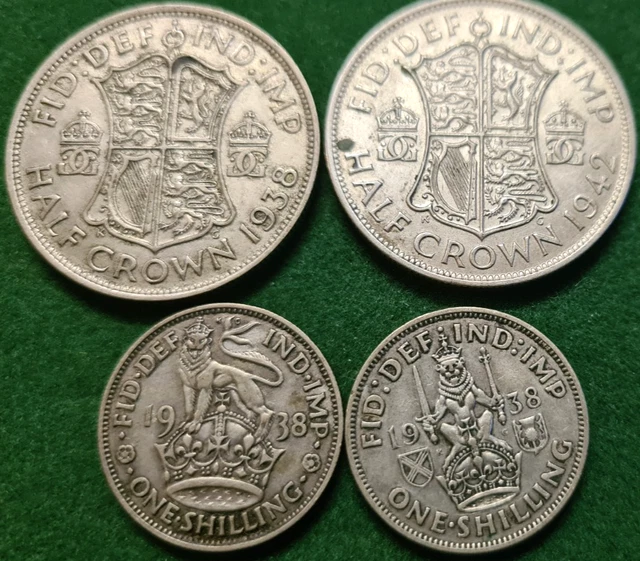BRITISH SILVER COINS - Shillings 1938 E+S and Half Crowns 1938 +1942 £1 ...