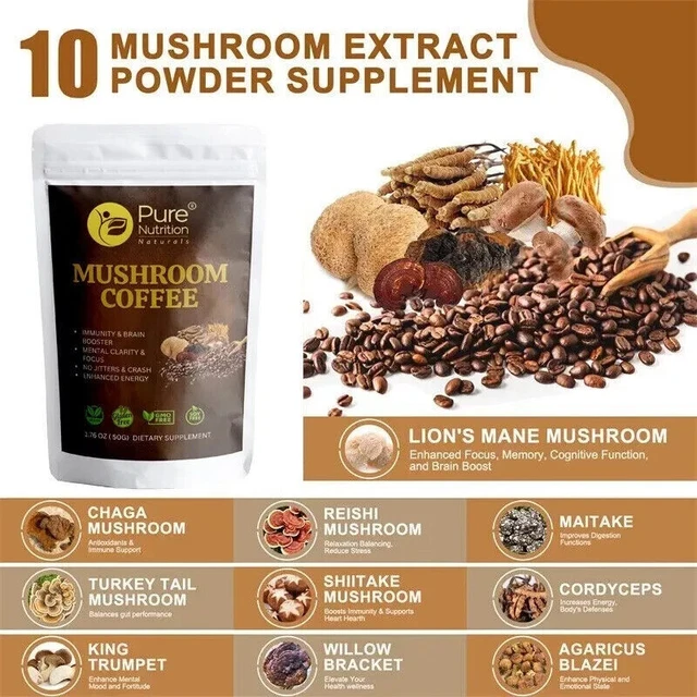 ORGANIC 10 MUSHROOM Instant Coffee - Mushroom Extract Powder Supplement ...