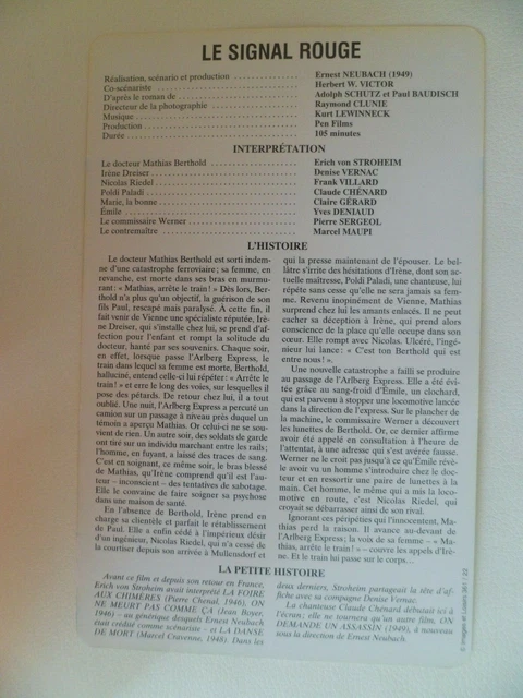 CARTE FICHE CINEMA 1949 LE SIGNAL ROUGE Erich Von Stroheim Denise ...