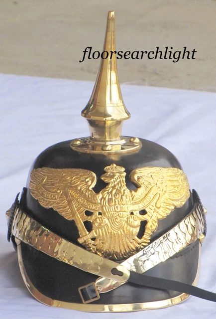 LEATHER PRUSSIAN ARMOR Brass Spike Officer Helmet German Pickelhaube ...
