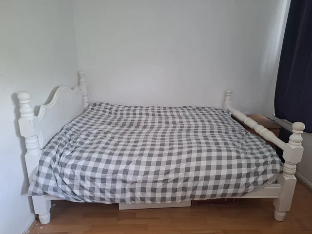 WOODEN DOUBLE BED White Colour 150cm x 200cm Bed Frame and Sealy ...