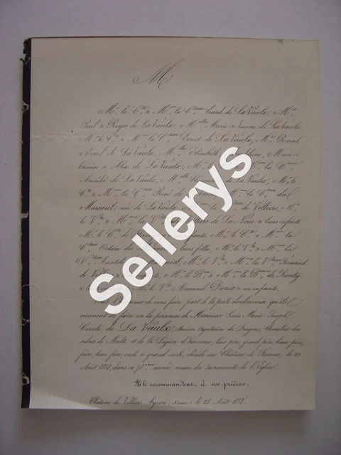 FAIRE PART DÉCÈS Louis Comte de LA VAULX Château de Ferreux 1858 ...