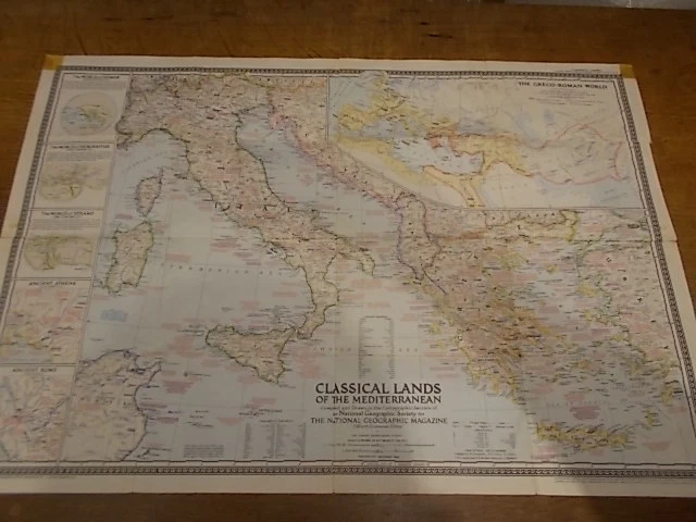 1949 FOLD OUT Wall MAP CLASSICAL LANDS OF THE MEDITERRANEAN National ...