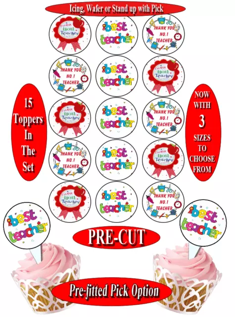 15 Thank You Best Teacher Edible Cupcake Toppers Pre Cut 3 Sizes 12