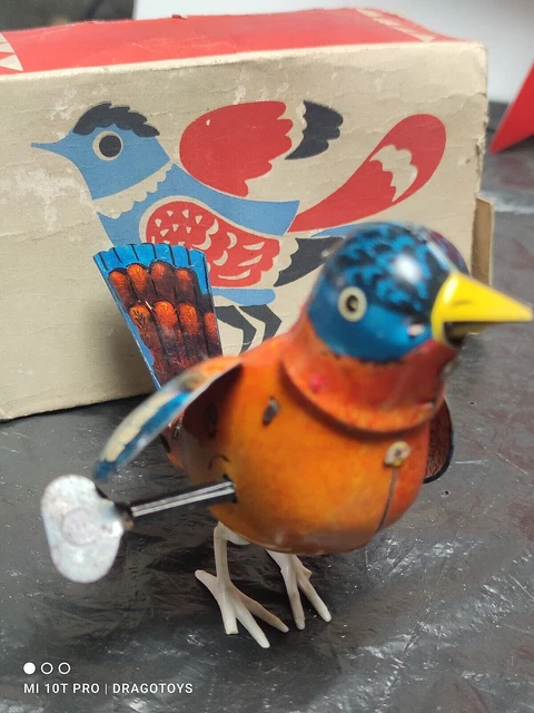 VINTAGE BIRD SINGING Mechanical Tin Toy Wind Up Orig. Box Key Ussr ...