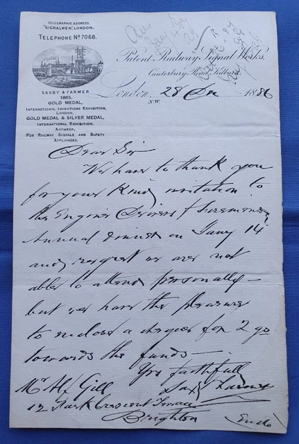 SAXBY & FARMER Railway Signal Works Kilburn Letterhead- Hand Written ... SAXBY & FARMER Railway Signal Works Kilburn Letterhead- Hand Written ...