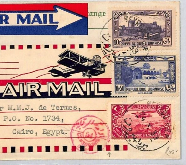 FRANCE COLS LEBANON Air Mail Cover Beirut EGYPT Censor 1939 WW2 ...