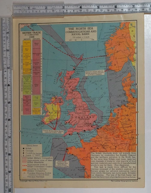1941 WW2 MAP North Sea Communications Naval Bases British Military ...