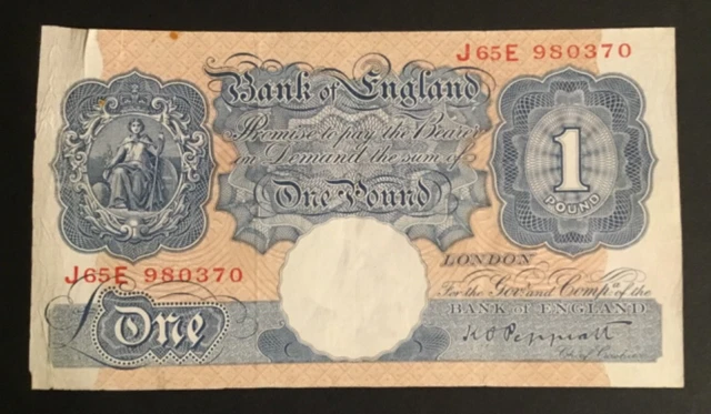 BANKNOTE OF ENGLAND One Pound Blue And Pink KO. Peppiatt. J65E. Great ...